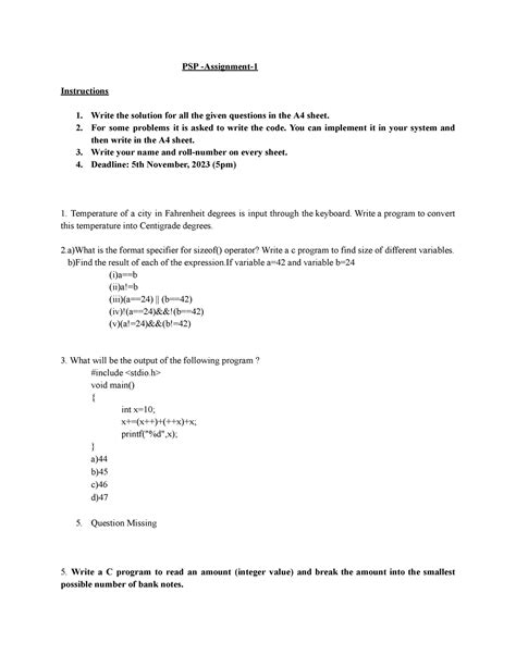 Psp Assignment 1 C Programming Pseudo Codes Psp Assignment Instructions Write The Solution