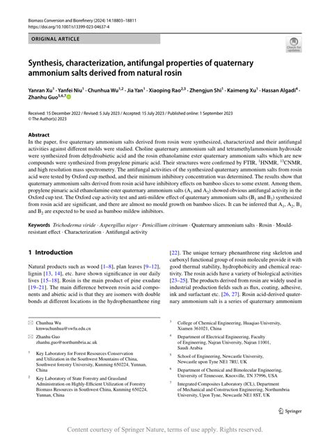 Pdf Synthesis Characterization Antifungal Properties Of Quaternary Ammonium Salts Derived