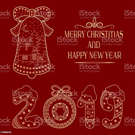 장식 축제 레터링텍스트 인사 메리 크리스마스와 해피 뉴가 어 낙서 수 2019 하우스와 벨의 형태로 장식과 휴가 엽서 눈 속에서 먹는 다룹니다 2019년에 대한 스톡 벡터