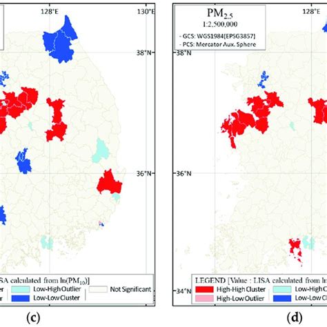 spatial clusters and outliers of a nox b sox c pm10 and d