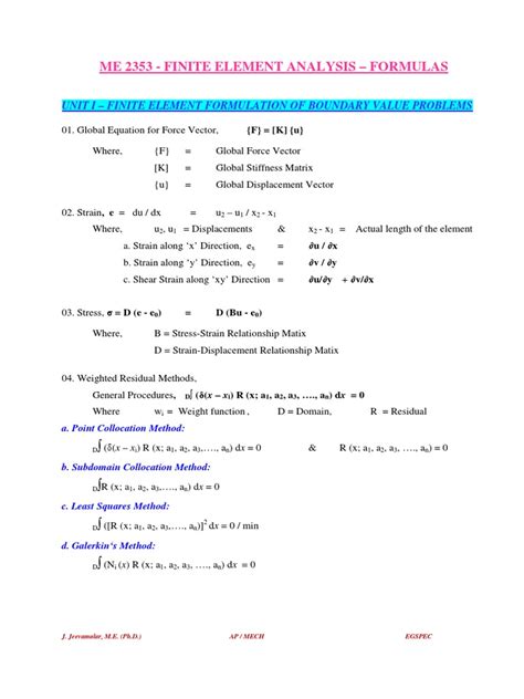Finite Element Analysis Formulas Pdf Finite Element Method