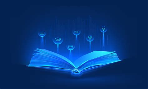 디지털 미래 지향적 인 스타일로 온라인 책을 배우십시오 인포 그래픽과 책 전자 교육의 새로운 기술의 개념 어두운 밤 배경의 벡터 일러스트 레이 션 교육에 대한 스톡 벡터