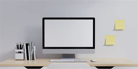 하얀 벽에 컴퓨터와 사무용품이 있는 홈 오피스 책상 작업 공간 현대적인 인테리어 디자인 컨셉입니다 3d 렌더링 가구에 대한 스톡