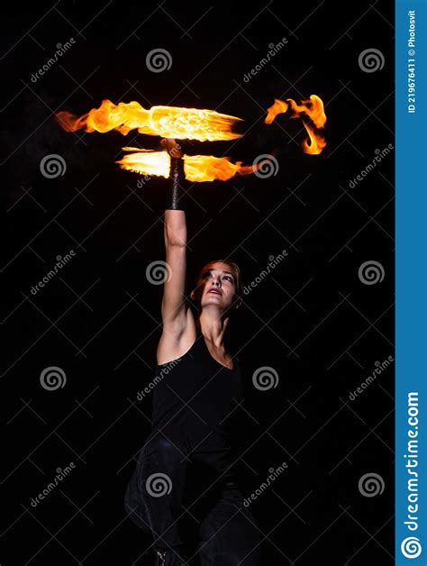 Girl Spinner Spin Burning Poi Creating Fire Orbital In Dark Night