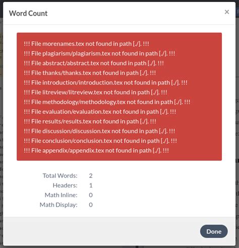 Strange Latex Error Preventing Me From Seeing Word Count Overleaf