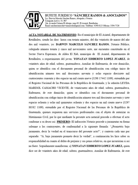 Acta Notarial De Matrimonio Yonatan Y Leyda Pdf Guatemala Matrimonio