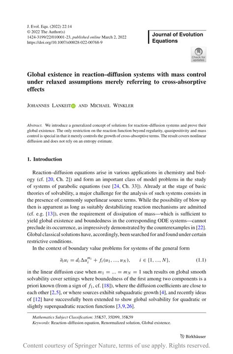 pdf global existence in reaction diffusion systems with mass control