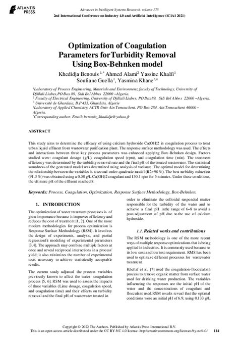 Pdf Optimization Of Coagulation Parameters For Turbidity Removal Using Box Behnken Model