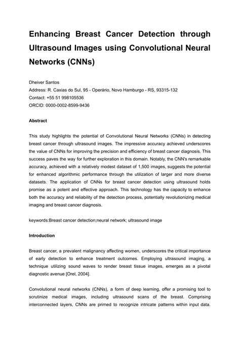 Pdf Enhancing Breast Cancer Detection Through Ultrasound Images Using Convolutional Neural