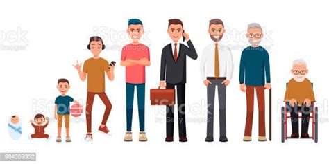 다양 한 연령대에서 남자의 문자입니다 아기 아이 십 대 성인 노인 라이프 사이클입니다 사람들의 성장 단계 세대입니다 조부모의 유아에서 만화 스타일 노화에 대한 스톡 벡터