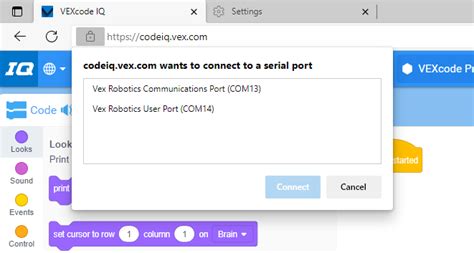 troubleshooting connecting to web based vexcode iq vex library