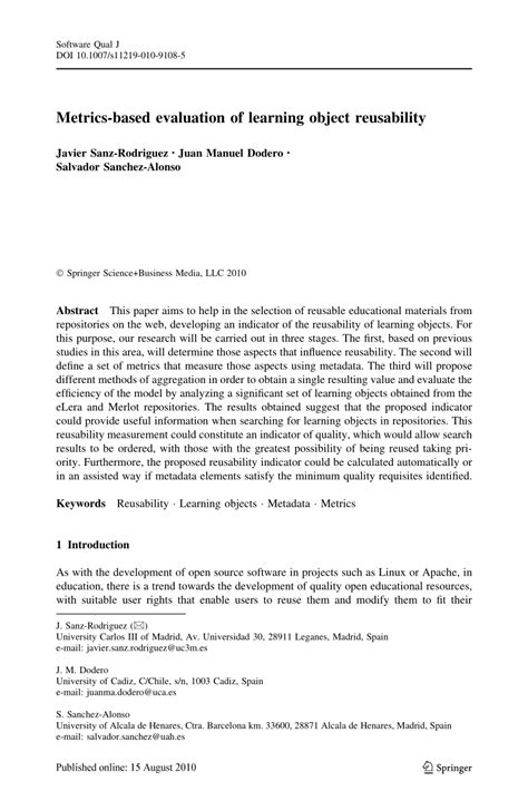 Pdf Metrics Based Evaluation Of Learning Object Reusability