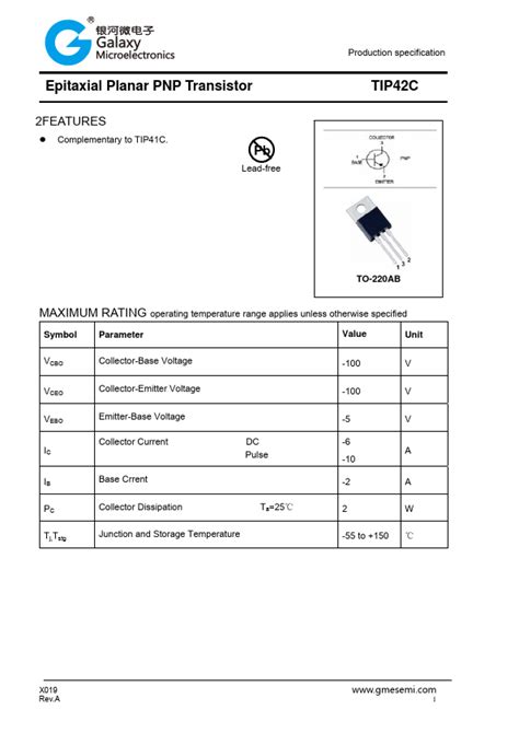 Tip42c Datasheet Epitaxial Planar Pnp Transistor Galaxy