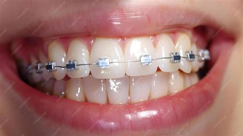Closeup Of Smiling Mouth With Orthodontic Braces Showing Teeth Alignment Process Concept