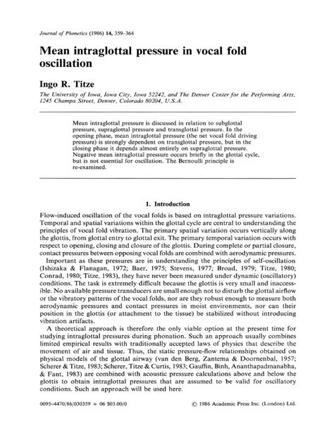Mean Intraglottal Pressure In Vocal Fold Oscillation Pdf Larynx Human Throat