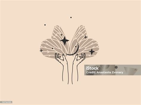 손으로 그린 벡터 추상 스톡 플랫 그래픽 일러스트와 로고 요소 인간의 손에 크리스탈 보석 돌의 보헤미안 마법 예술과 브랜딩을위한 간단한 스타일의 별 색상 배경에 고립 곤충에