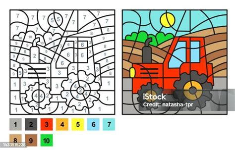 어린이 교육 및 활동을위한 벡터 색칠 공부 페이지 숫자 트랙터에 의한 퍼즐 게임 색상 숫자에 대한 스톡 벡터 아트 및 기타 이미지 숫자 경기 스포츠 교육 Istock