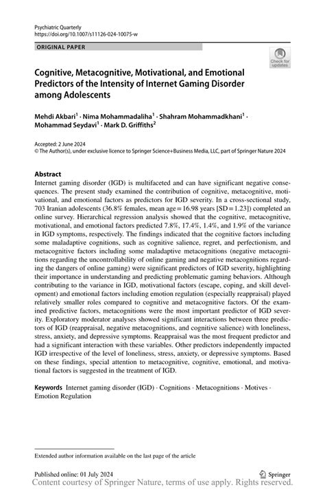Cognitive Metacognitive Motivational And Emotional Predictors Of The Intensity Of Internet
