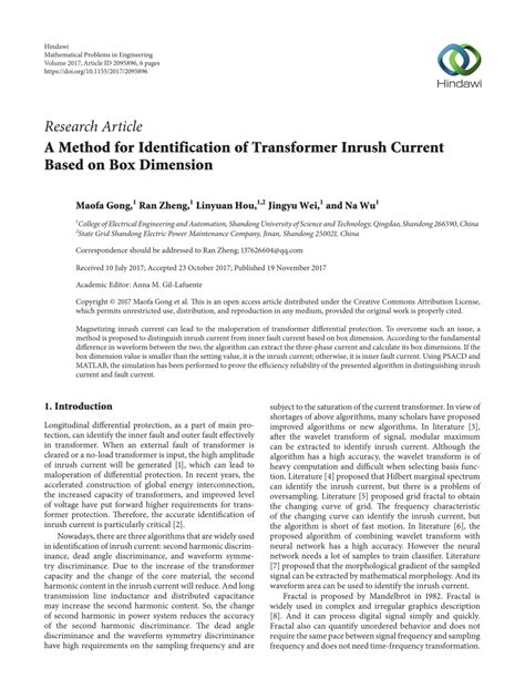 Pdf A Method For Identification Of Transformer Inrush Current Based On Box Dimension