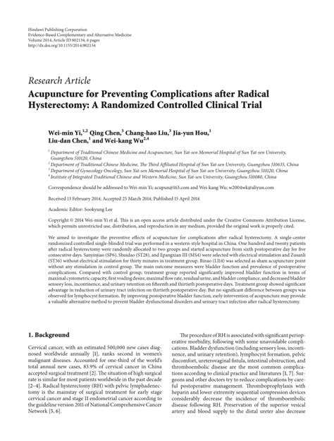 Pdf Acupuncture For Preventing Complications After Radical Hysterectomy A Randomized