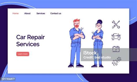 자동차 수리 서비스 방문 페이지 벡터 템플릿입니다 평면 그림과 자동 워크샵 웹 사이트 인터페이스 자동차 유지 보수 홈페이지 레이아웃입니다 자동 기술자 웹 배너 웹 페이지