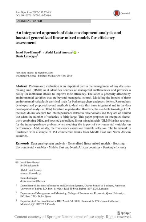 An Integrated Approach Of Data Envelopment Analysis And Boosted Generalized Linear Mixed Models
