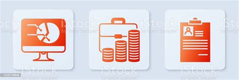 Set Briefcase And Coin Computer Monitor With Graph Chart And Clipboard With Resume White Square