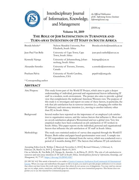 Pdf The Role Of Job Satisfaction In Turnover And Turn Away Intention Of It Staff In South Africa