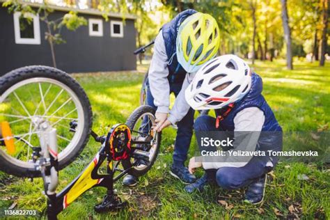 팀웍 큰 가족 세 백인 어린이 형제는 자전거를 수리 하는 학습 공원에서 녹색 잔디에 구축에 대 한 헬멧 같은 옷에 도구를 사용 하 여 가족에 대한 스톡 사진 및 기타 이미지