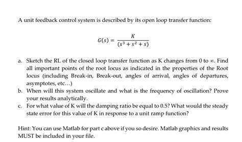 Solved A Unit Feedback Control System Is Described By Its