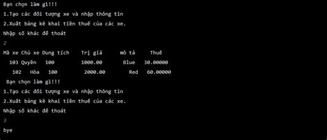 Bài tập Java OOP Chương trình nhập xuất thông tin xe