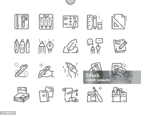 쓰기 도구 잘 만들어진 픽셀 완벽한 벡터 얇은 라인 아이콘 30 웹 그래픽 및 응용 프로그램을위한 그리드 2x 간단한 최소한의