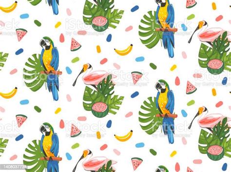 손으로 그린된 벡터 추상 만화 여름 시간 그래픽 일러스트 예술적 원활한 패턴 큰부리새 조류 수 박 바나나 과일와 이국적인 열 대 야 자 나뭇잎 흰색 배경에 고립 0명에 대한