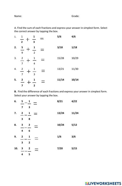 addition and subtraction of dissimilar fraction worksheet 53 off