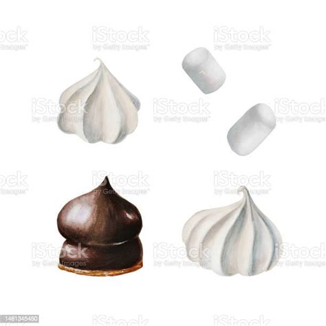 초콜릿과 머랭에 수채화 마시멜로 흰색 고립된 배경에 달콤한 손 그림 디자이너 메뉴 상점 폴리 그래피 바 비스트로 레스토랑 엽서 포장지 표지 포스터 및 직물용 마시멜로에 대한