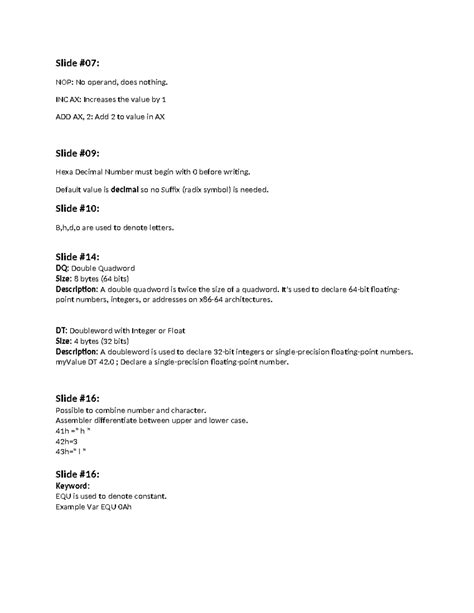 Assembly Language Slide 07 Nop No Operand Does Nothing Inc Ax