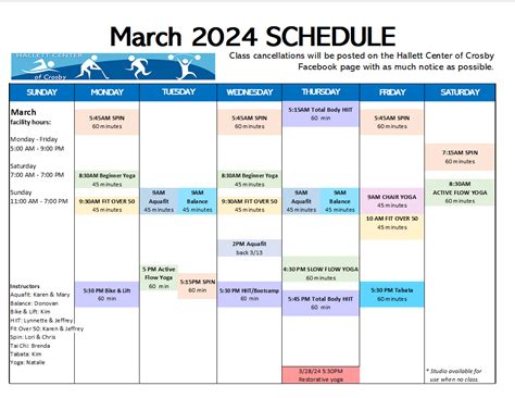 March Class Schedule Hallett Center Of Crosby