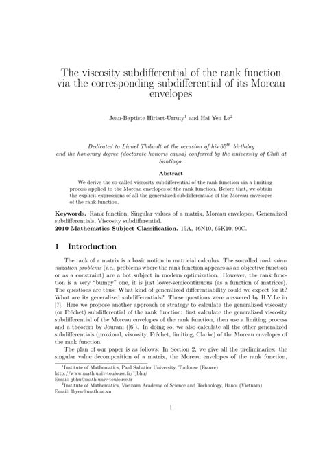 PDF The Viscosity Subdifferential Of The Rank Function Via The Corresponding Subdifferential