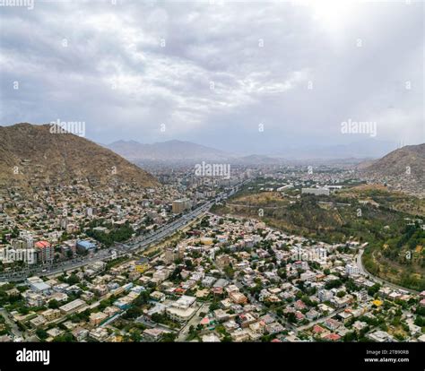 Aerial View Of Kabul City Afghanistan City Road With Cars And Houses