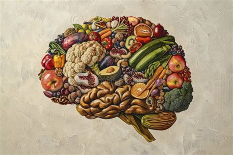 Assorted Vegetables And Fruits Forming Brain Shape On Textured