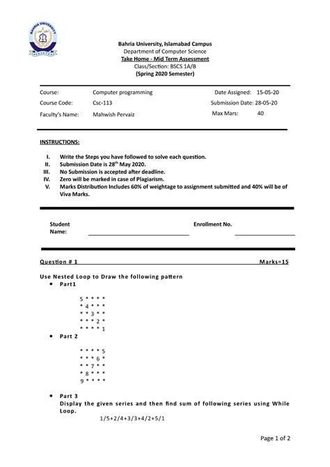 Bah Semester 1 Mid Paper Bahria University Islamabad Campus Department Of Computer Science