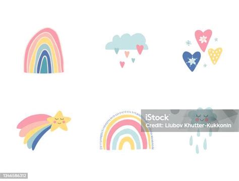 손으로 그린 무지개 재미있는 구름 별 마음 귀여운 아이 보육 컬렉션 하늘 배경 베이비 샤워 벽지 패브릭 포장 의류에 대한 사랑스러운 만화 무지개 벡터 일러스트레이션 아기방에