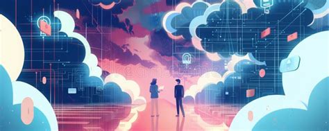 Two Figures Standing Before A Surreal Sky Filled With Digital Clouds And Symbols Depicting
