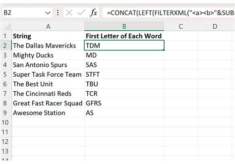 Excel как извлечь первую букву каждого слова пример Mir Tehnologiy