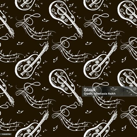 음악 상징 기타 우쿨렐레 음표 및 바이올린 키의 완벽한 패턴 손으로 그린 낙서 스타일 요소 검은색 배경에 벡터 일러스트 레이 션 Dj에 대한 스톡 벡터 아트 및 기타 이미지