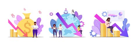 금융 위기 파산 투자 위험 개념 믹스 레이스 동료에 대해 좌절 설정 비즈니스 동료는 전체 길이 수평 아래로 떨어지는 경제 화살표를 중지 브레인 스토밍 부채에 대한 스톡 벡터