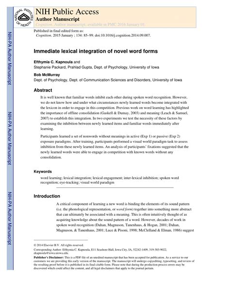 Pdf Immediate Lexical Integration Of Novel Word Forms