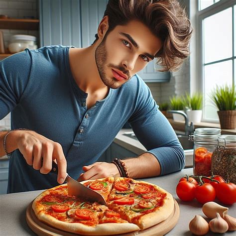 A Man Cutting A Pizza With A Knife And A Tomato On It Premium Ai