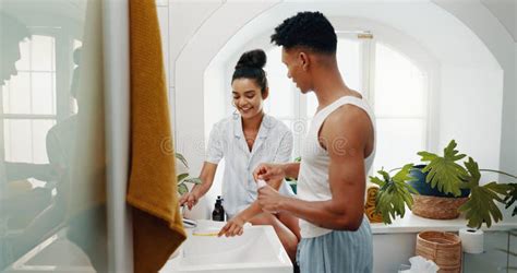 Smile Couple And Brushing Teeth For Hygiene In Bathroom Of Morning