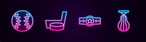 세트 라인 야구 공 아이스 하키 스틱과 퍽 복싱 벨트와 펀칭 가방 빛나는 네온 아이콘 벡터 Championship에 대한 스톡 벡터 아트 및 기타 이미지 Istock